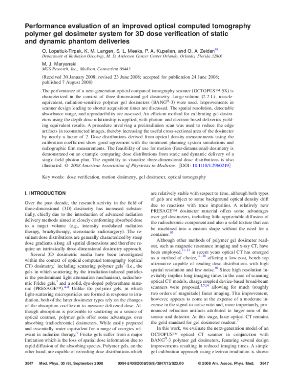 (PDF) Performance evaluation of an improved optical computed tomography polymer gel dosimeter ...