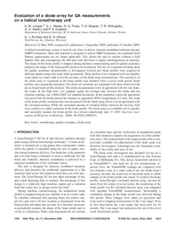 Pdf Evaluation Of A Diode Array For Qa Measurements On A Helical Tomotherapy Unit