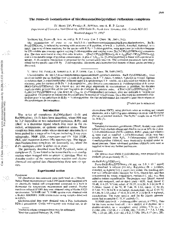 (PDF) The trans–cis isomerisation of bis(dioxolene)bis(pyridine) ruthenium complexes