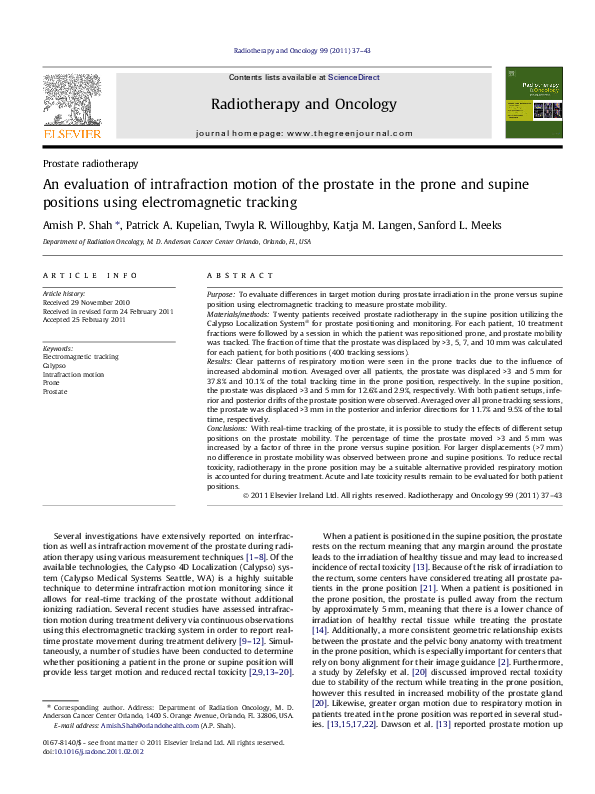 (PDF) An evaluation of intrafraction motion of the prostate in the prone and supine positions ...