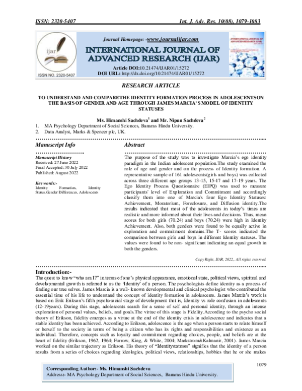(PDF) To Understand and Comparethe Identity Formation Process in ...