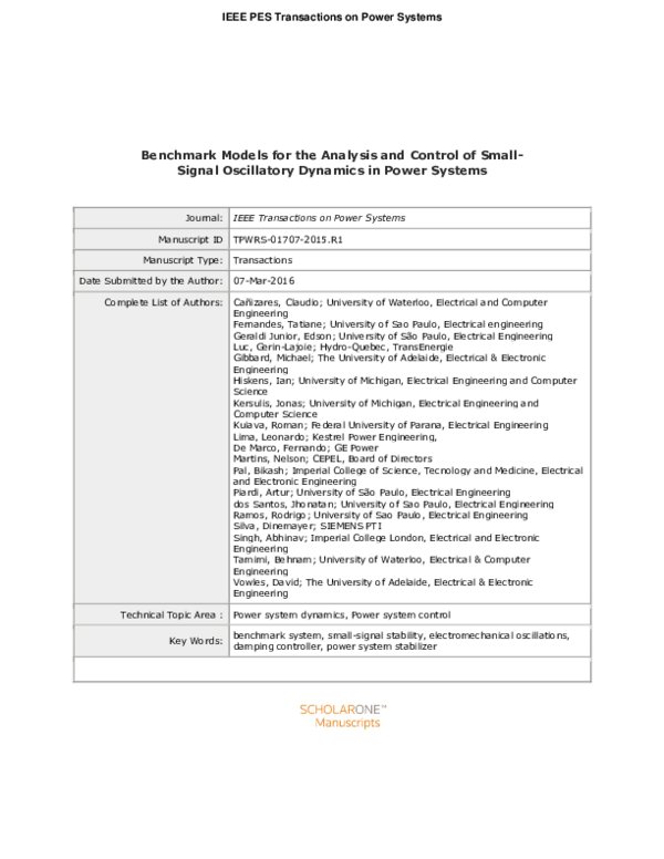 (PDF) Benchmark Models for the Analysis and Control of Small-Signal Oscillatory Dynamics in ...