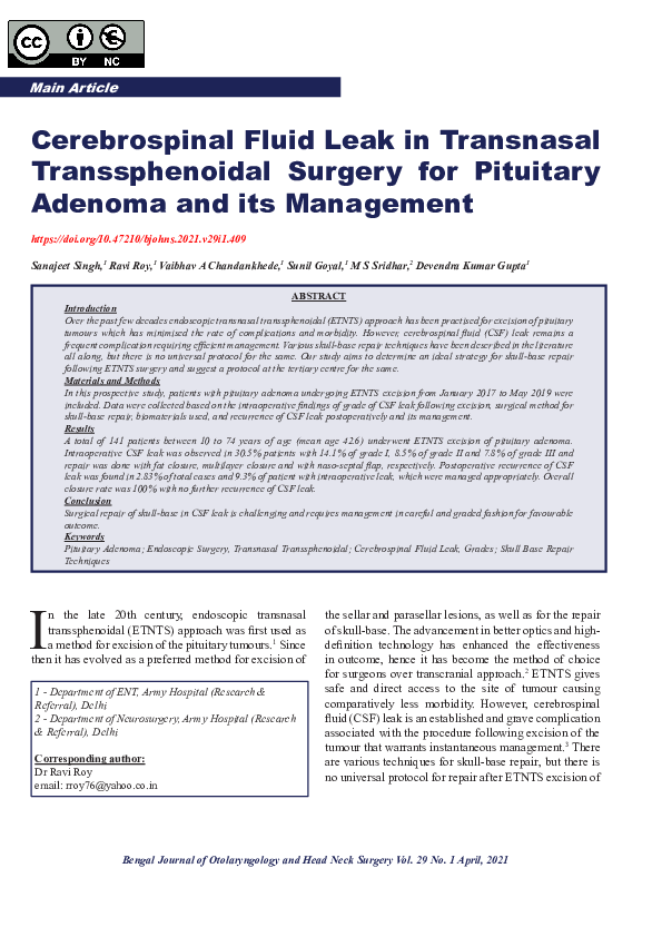 (PDF) Cerebrospinal Fluid Leak in Transnasal Transsphenoidal Surgery ...