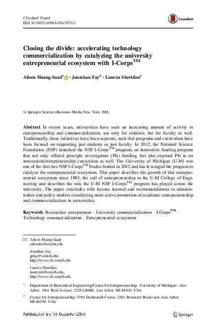 (PDF) Closing the divide: accelerating technology commercialization by catalyzing the university ...