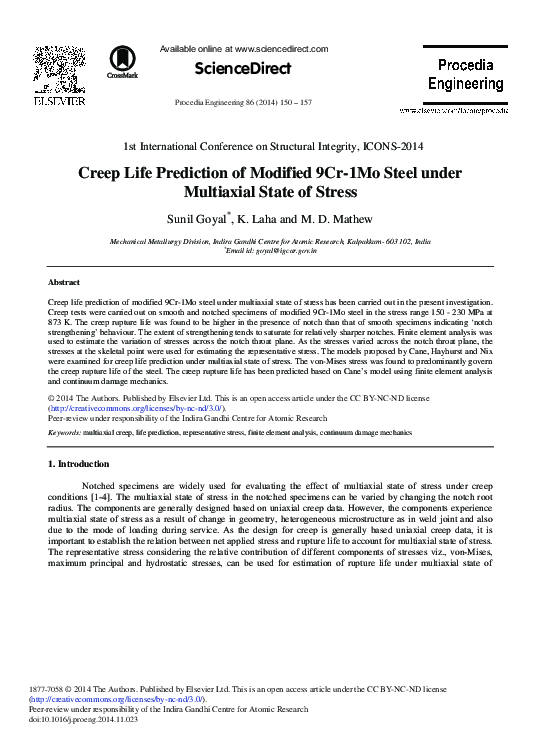 (PDF) Creep Life Prediction of Modified 9Cr-1Mo Steel under Multiaxial ...