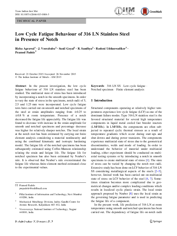 (PDF) Low-cycle fatigue behaviour of A 316LN stainless steel at 77 K ...