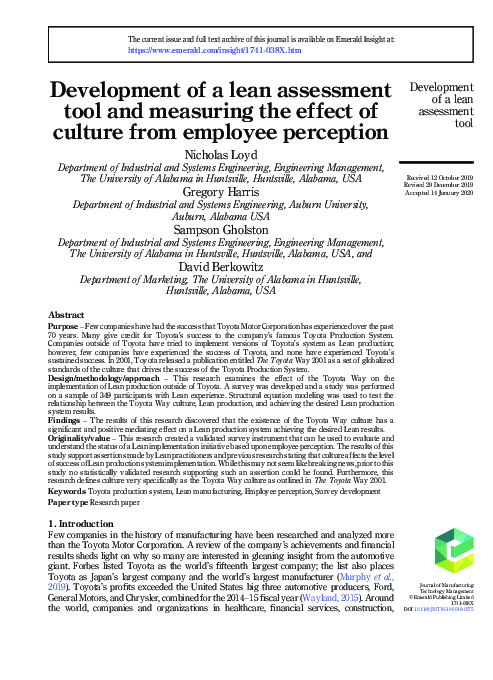 (PDF) Development of a lean assessment tool and measuring the effect of culture from employee ...