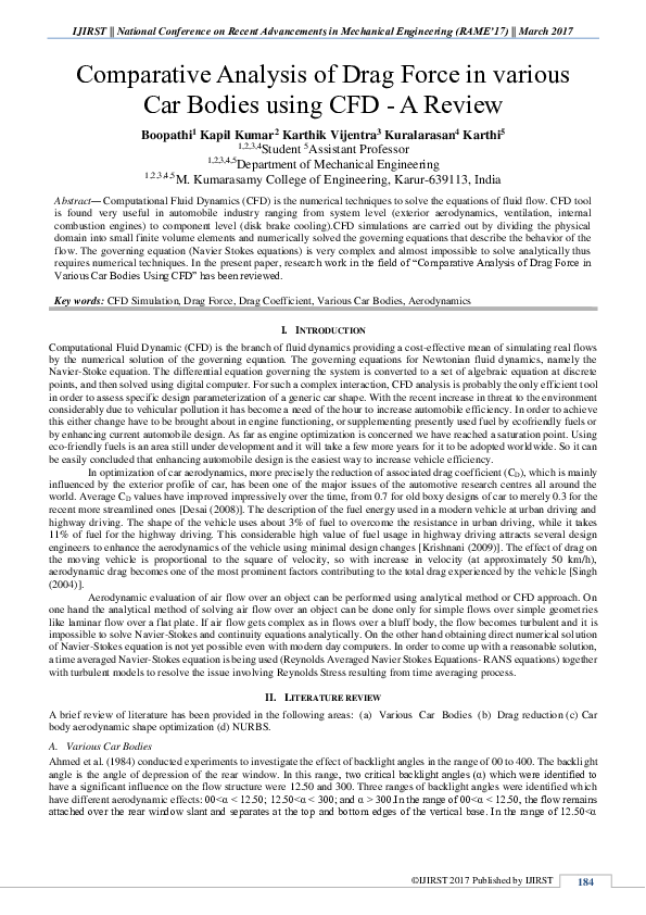 (PDF) Comparative Analysis of Drag Force in various Car Bodies using ...