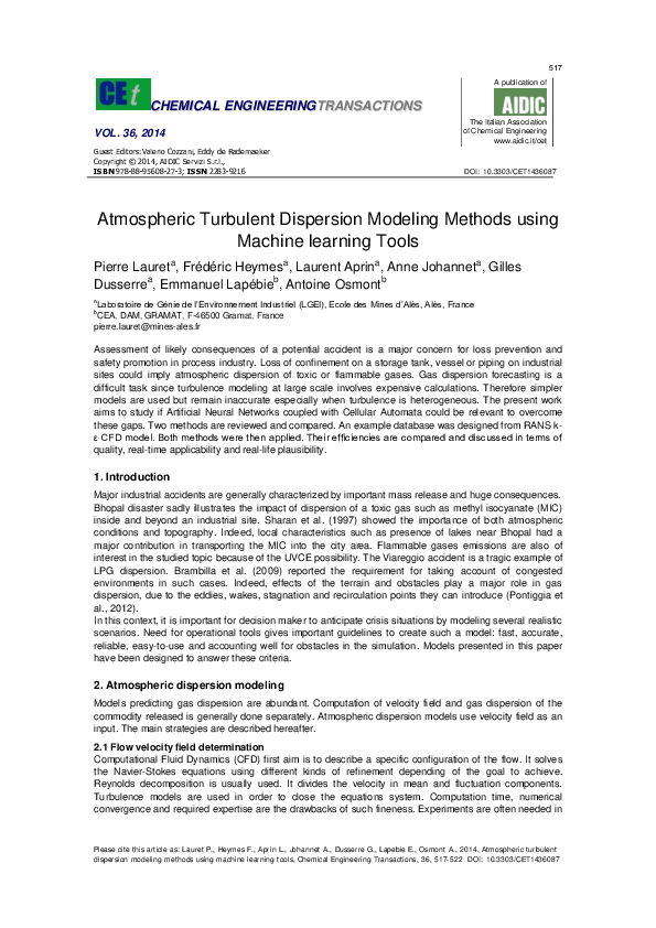 (PDF) Atmospheric Turbulent Dispersion Modeling Methods using Machine learning Tools