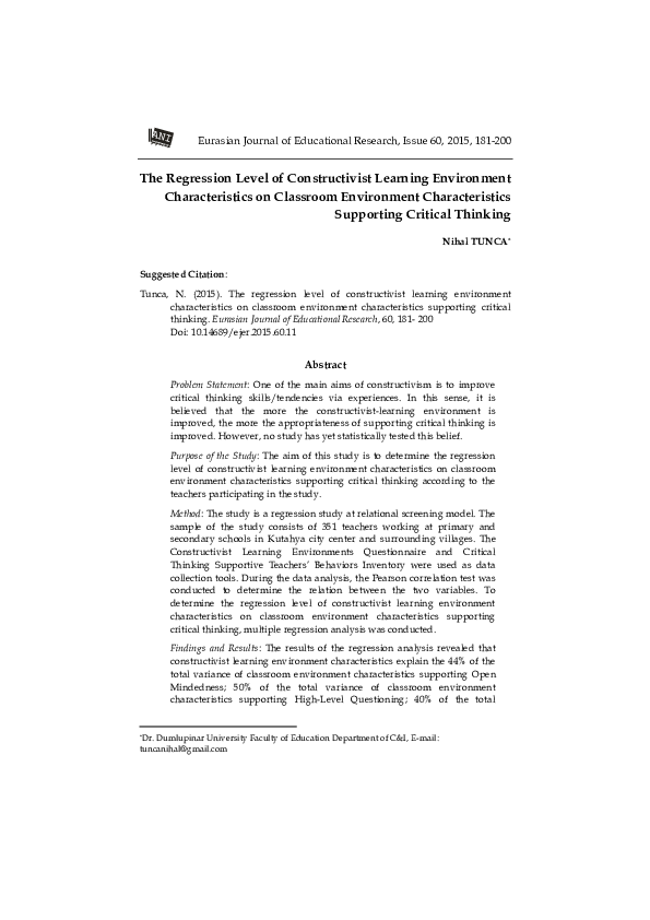 (PDF) The Regression Level of Constructivist Learning Environment ...