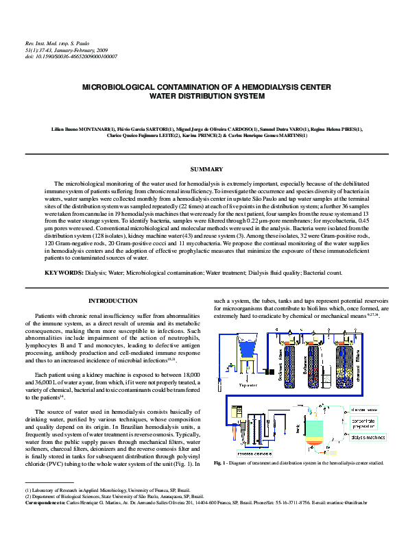 (PDF) Microbiological contamination of a hemodialysis center water ...