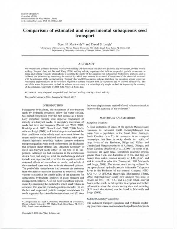 (PDF) Estimating Subaqueous Seed Transport Dynamics