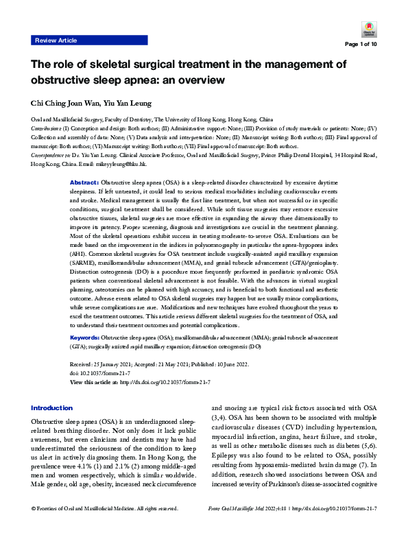 Pdf Skeletal Surgerys Role In Obstructive Sleep Apnea Management 7373