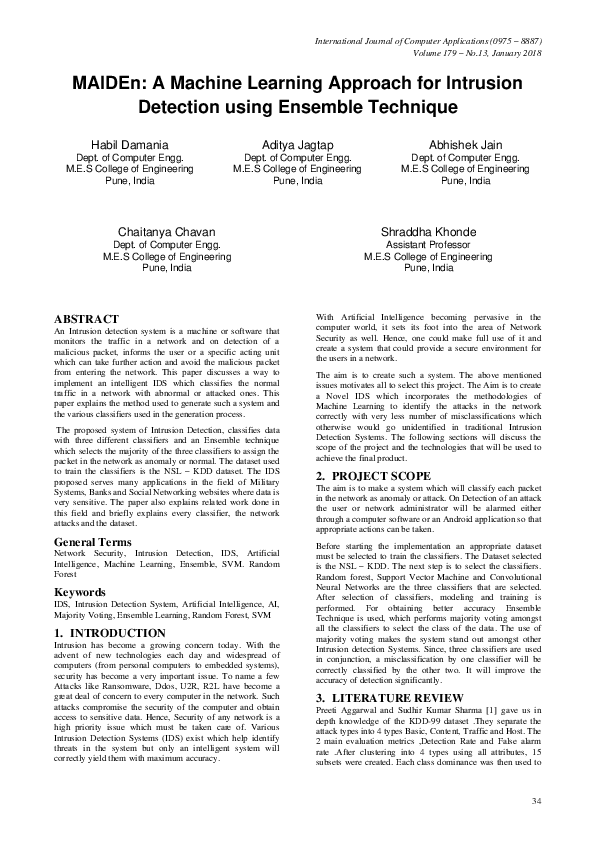 Pdf Maiden A Machine Learning Approach For Intrusion Detection Using Ensemble Technique
