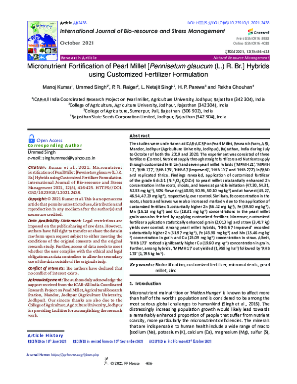 (PDF) Micronutrient Fortification of Pearl Millet [Pennisetum glaucum (L.) R. Br.] Hybrids using ...