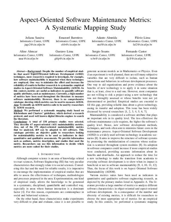 (PDF) Aspect-oriented software maintenance metrics: a systematic mapping study | Emanoel ...