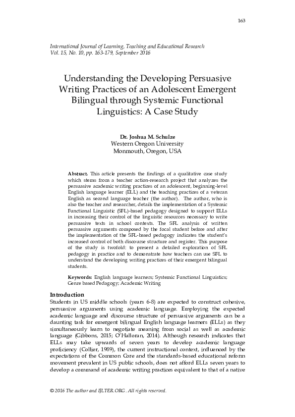 (PDF) Understanding the Developing Persuasive Writing Practices of an ...
