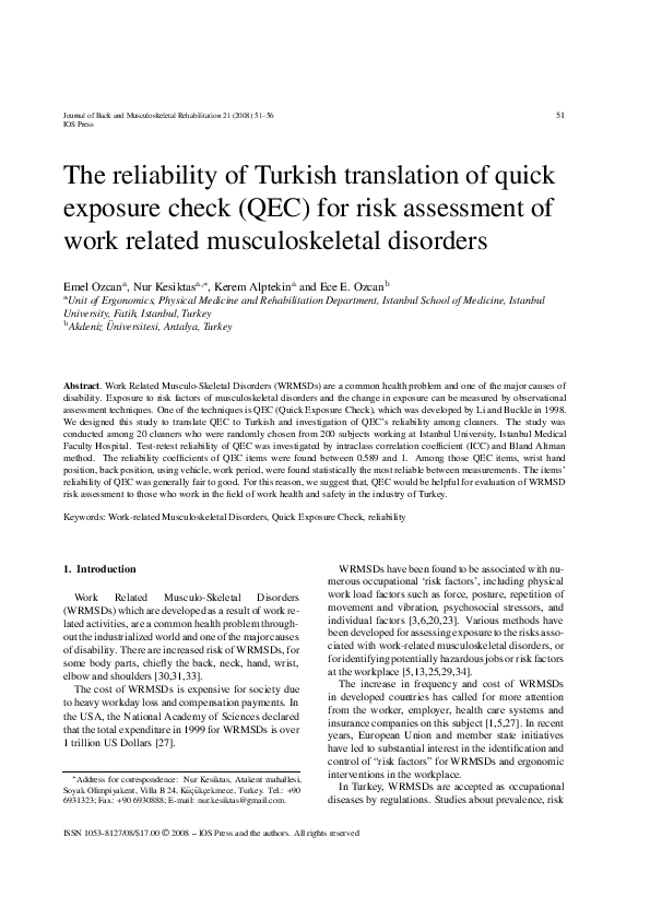 (PDF) The reliability of Turkish translation of quick exposure check ...