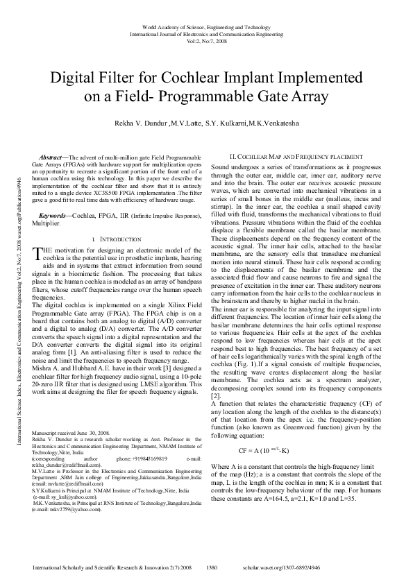 Pdf Digital Filter For Cochlear Implant Implemented On A Field Programmable Gate Array