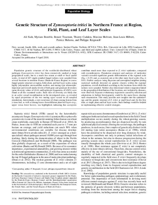 (PDF) Genetic Structure of Zymoseptoria tritici in Northern France at Region, Field, Plant, and ...