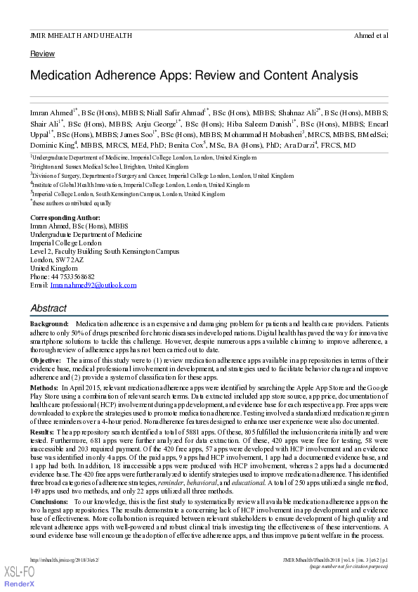 (PDF) Medication Adherence Apps: Review and Content Analysis | Renzo ...