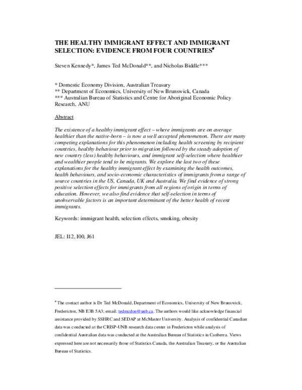 (PDF) The healthy immigrant effect and immigrant selection: evidence ...