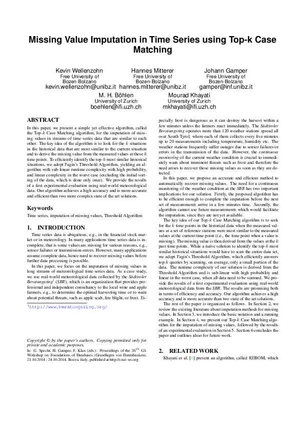 Pdf Missing Value Imputation In Time Series Using Top K Case Matching Johann Gamper
