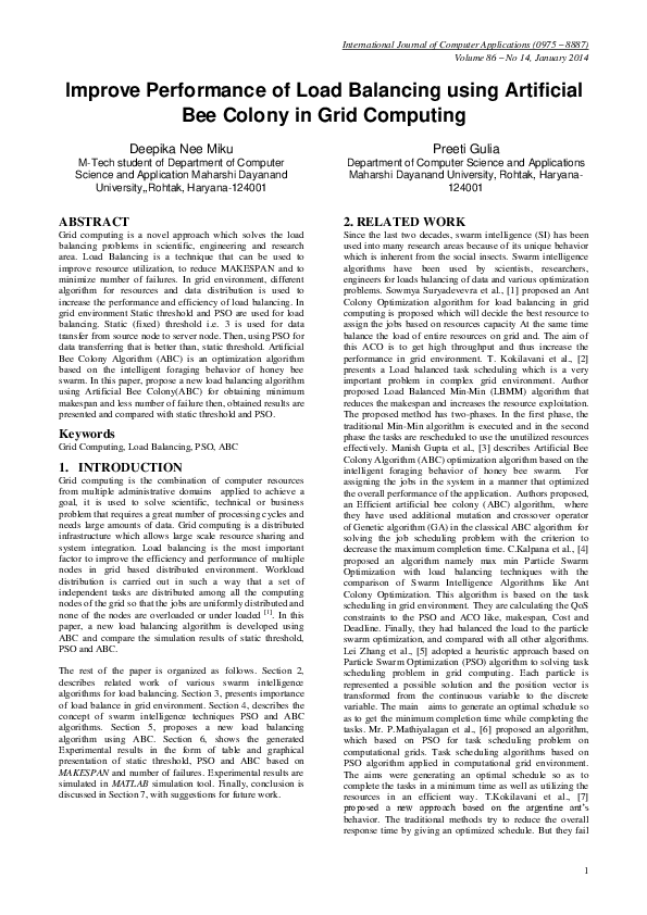 Pdf Improve Performance Of Load Balancing Using Artificial Bee Colony In Grid Computing