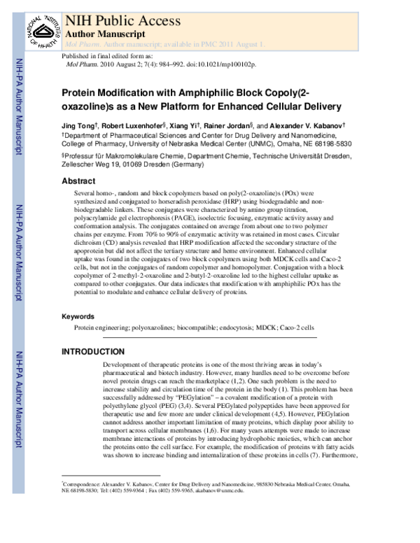 (PDF) Protein Modification with Amphiphilic Block Copoly(2-oxazoline)s ...