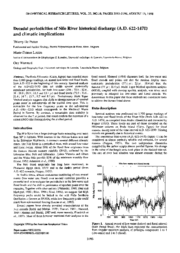 (PDF) Decadal periodicities of Nile River historical discharge (A.D ...