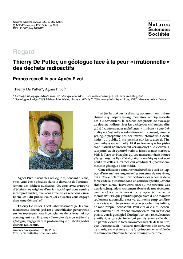 (PDF) Thierry De Putter, un géologue face à la peur "irrationnelle" des ...