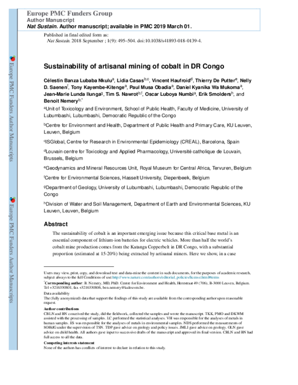 (PDF) Sustainability of artisanal mining of cobalt in DR Congo