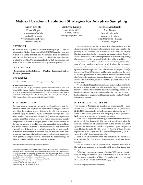 Pdf Natural Gradient Evolution Strategies For Adaptive Sampling