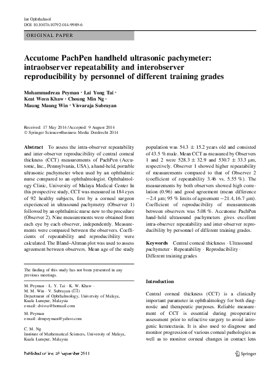(PDF) Accutome PachPen handheld ultrasonic pachymeter: intraobserver ...