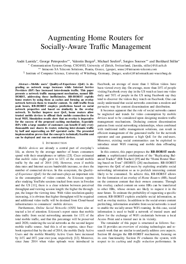 (PDF) Augmenting home routers for socially-aware traffic management
