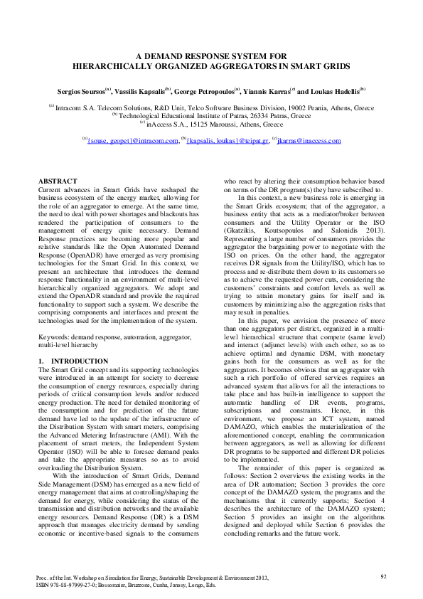 (PDF) A Demand Response System for Hierarchically Organized Aggregators in Smart Grids
