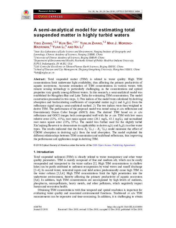 (PDF) A semi-analytical model for estimating total suspended matter in highly turbid waters