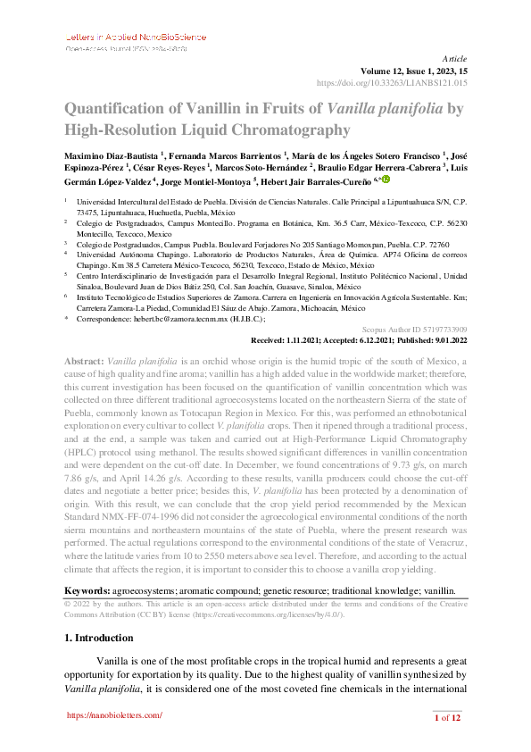 (PDF) Quantification of Vanillin in Fruits of Vanilla planifolia by ...