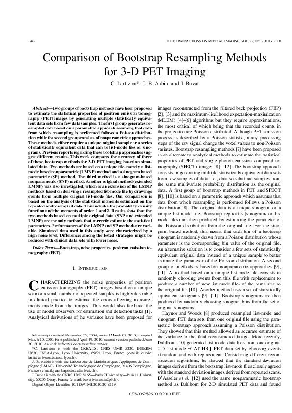 (PDF) Comparison of Bootstrap Resampling Methods for 3-D PET Imaging | Irène Buvat - Academia.edu