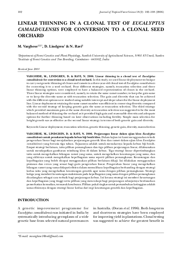 (PDF) Linear thinning in a clonal test of Eucalyptus camaldulensis for ...