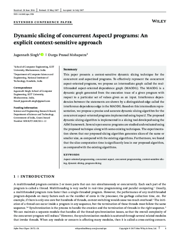 Pdf Dynamic Slicing Of Concurrent Aspectj Programs An Explicit Context Sensitive Approach