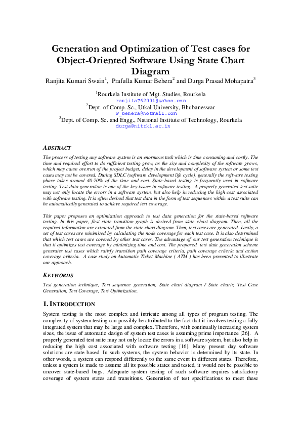 Pdf Generation And Optimization Of Test Cases For Object Oriented Software Using State Chart