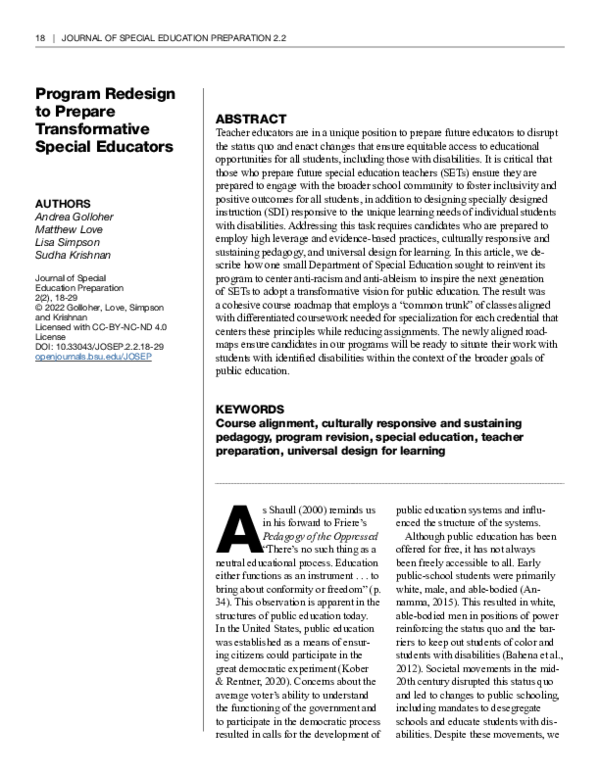 (PDF) Program Redesign to Prepare Transformative Special Educators ...