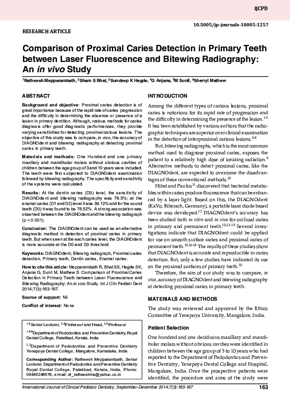 Pdf Comparison Of Proximal Caries Detection In Primary Teeth Between Laser Fluorescence And