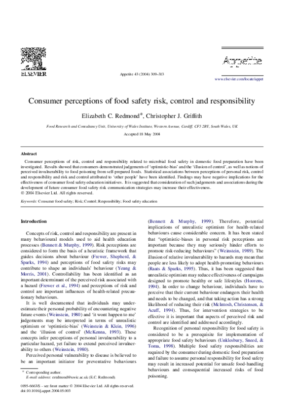 (PDF) Consumer perceptions of food safety risk, control and responsibility