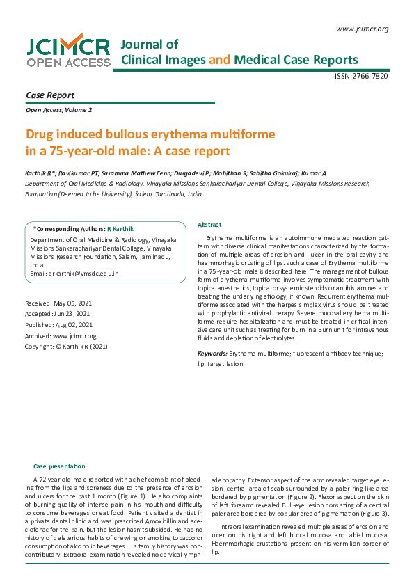 (PDF) Drug induced bullous erythema multiforme in a 75-year-old male: A ...