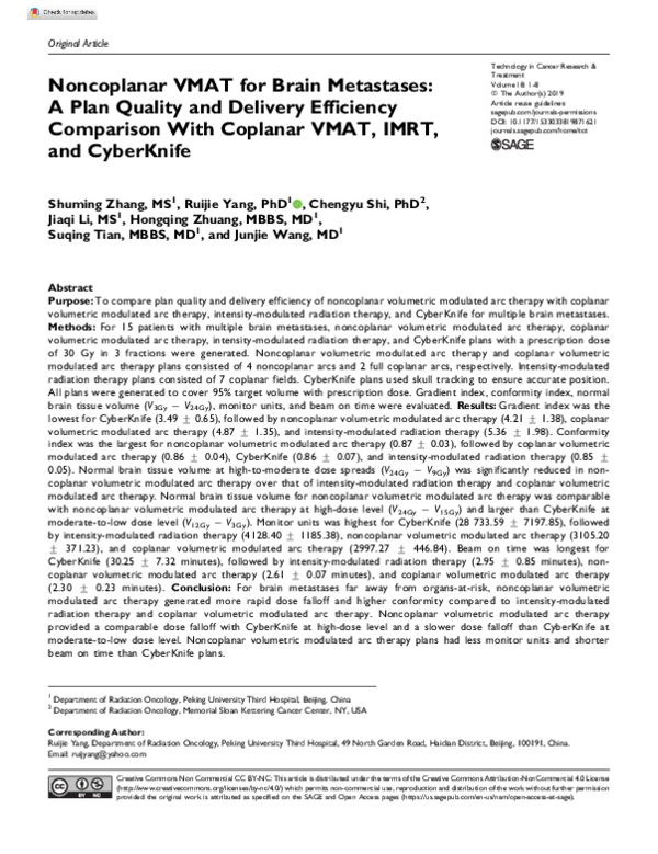 (PDF) Noncoplanar VMAT for Brain Metastases: A Plan Quality and ...