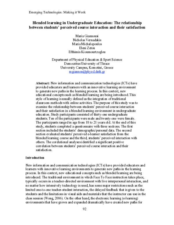 (PDF) Blended learning in Undergraduate Education: The relationship between students’ perceived ...