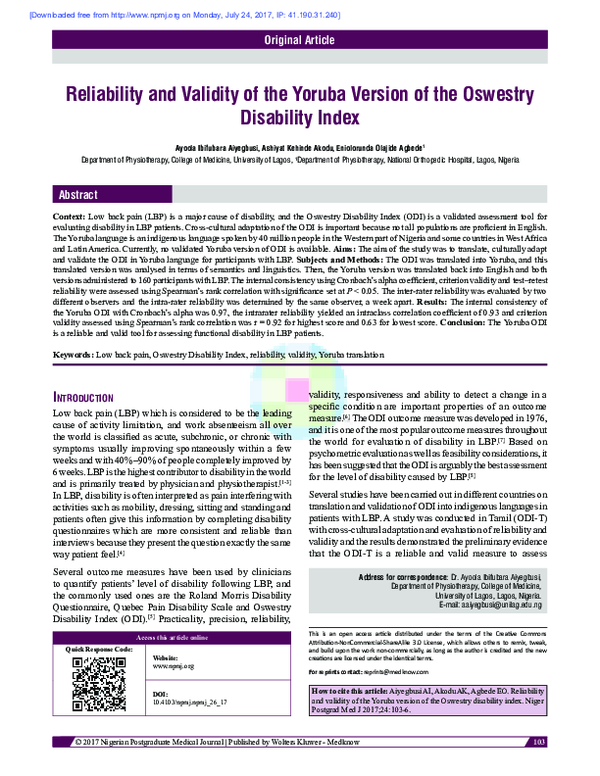 (PDF) Reliability and validity of the Yoruba version of the Oswestry ...