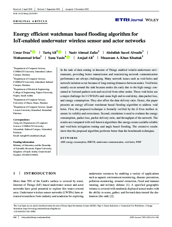 Pdf Energy Efficient Watchman Based Flooding Algorithm For Iot‐enabled Underwater Wireless
